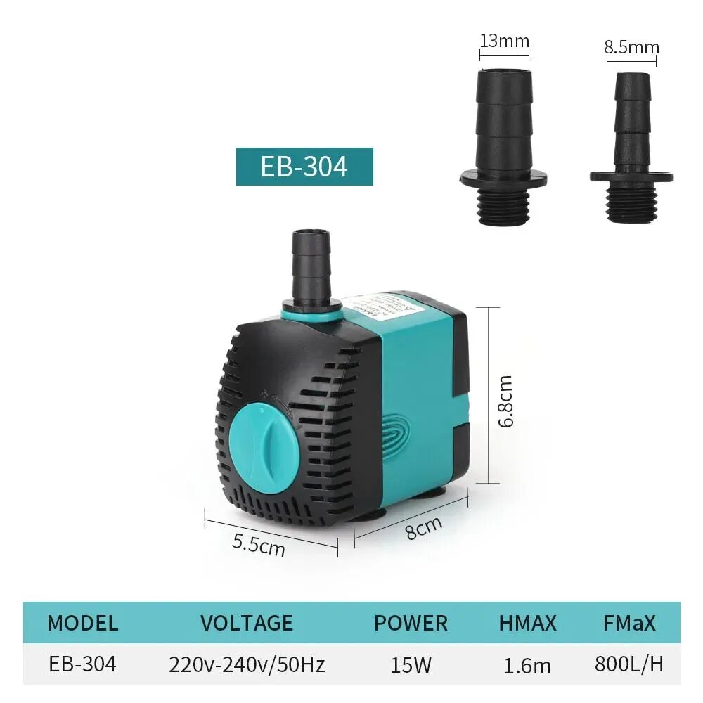 Фонтанный насос EB-304, 15 Вт, 800 л/ч, 1.6 м, 220-240 В, 8x5.5x6.8 см
