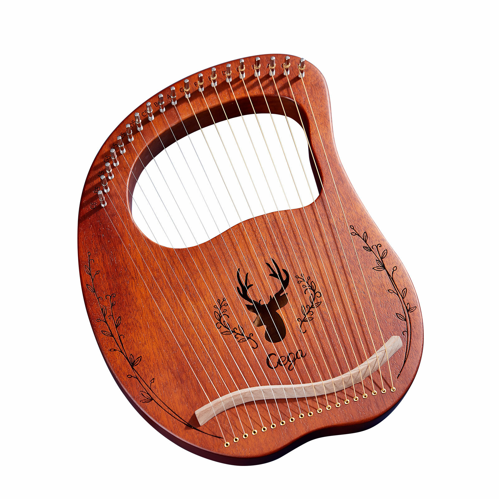 19-струнная деревянная лира с резонансной коробкой, настройочным ключом и 3 палачками, цвет: натуральный/кофе/синий, материал: дерево, размер: 40*30*3см