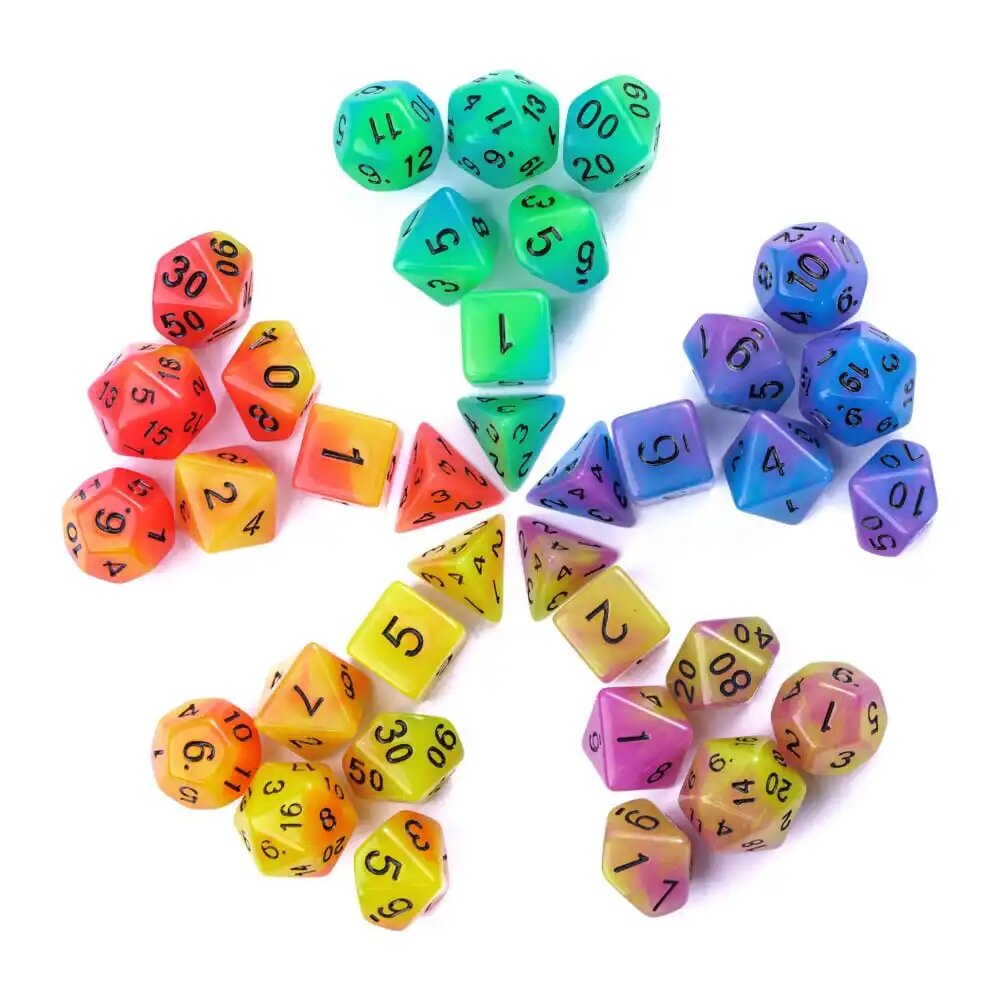 5 компл./35 шт. Набор светящихся кубиков DND двухцветный D4 D6 D8 D10 D% D12 D20 светящиеся в темноте многогранные игральные кости для настольных ролевых игр