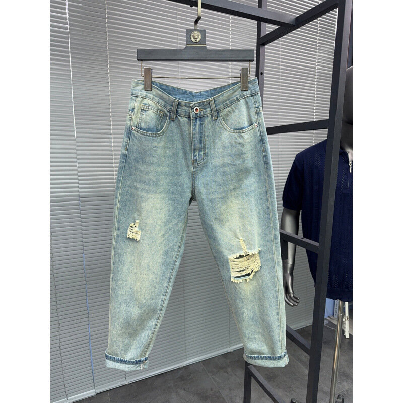 Тренд RONG CH Мужские Джинсы Лето Тонкие Потертые Конусообразные Кроп Свободные Деним, Размер_34