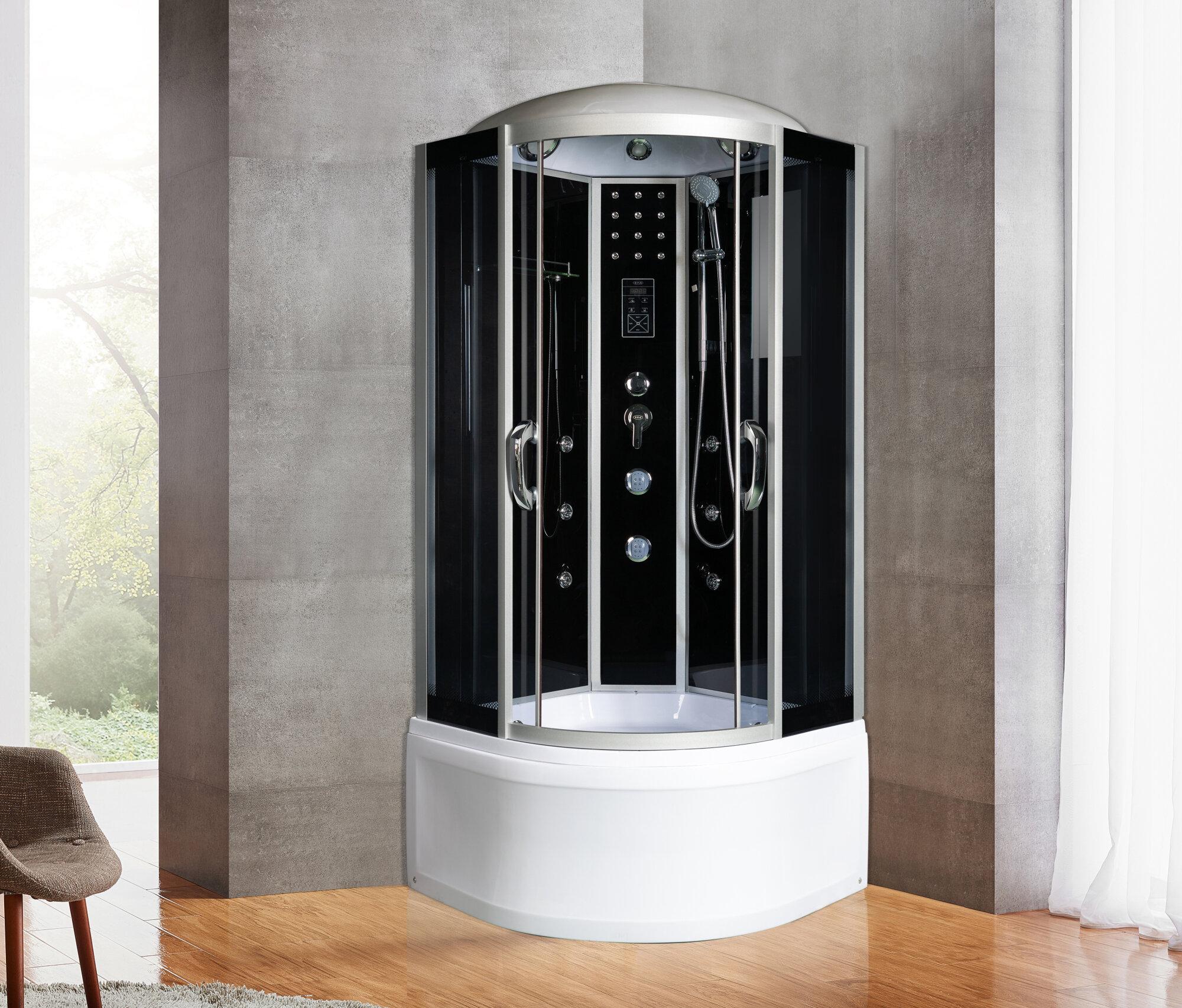 Душевая кабина River Temza 90/44 TH, стекло тонированное, профиль серебристый, с крышей, универсальная