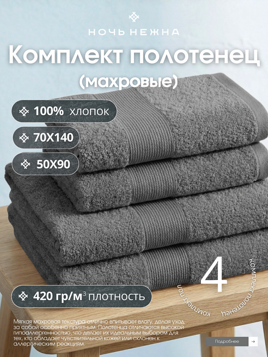 Полотенце банное махровое Ночь Нежна набор 4 шт. графит