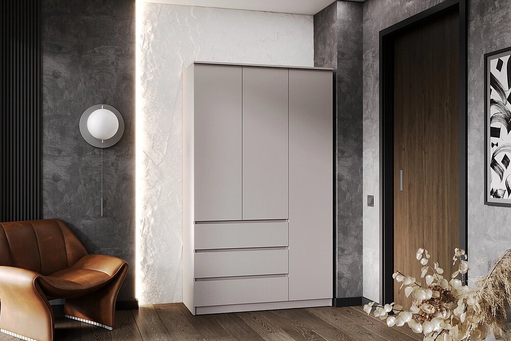 Шкаф трехстворчатый распашной 5 полок 1 штанга 3 ящика, Челси, 120.2х202.2х51.4 см, Кашемир