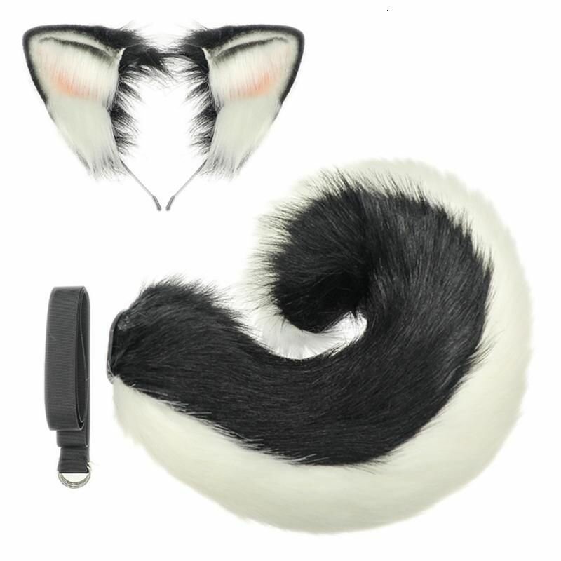 Ободок с ушками собаки и хвостом из искусственного меха для Хэллоуина, черно-белый комплект