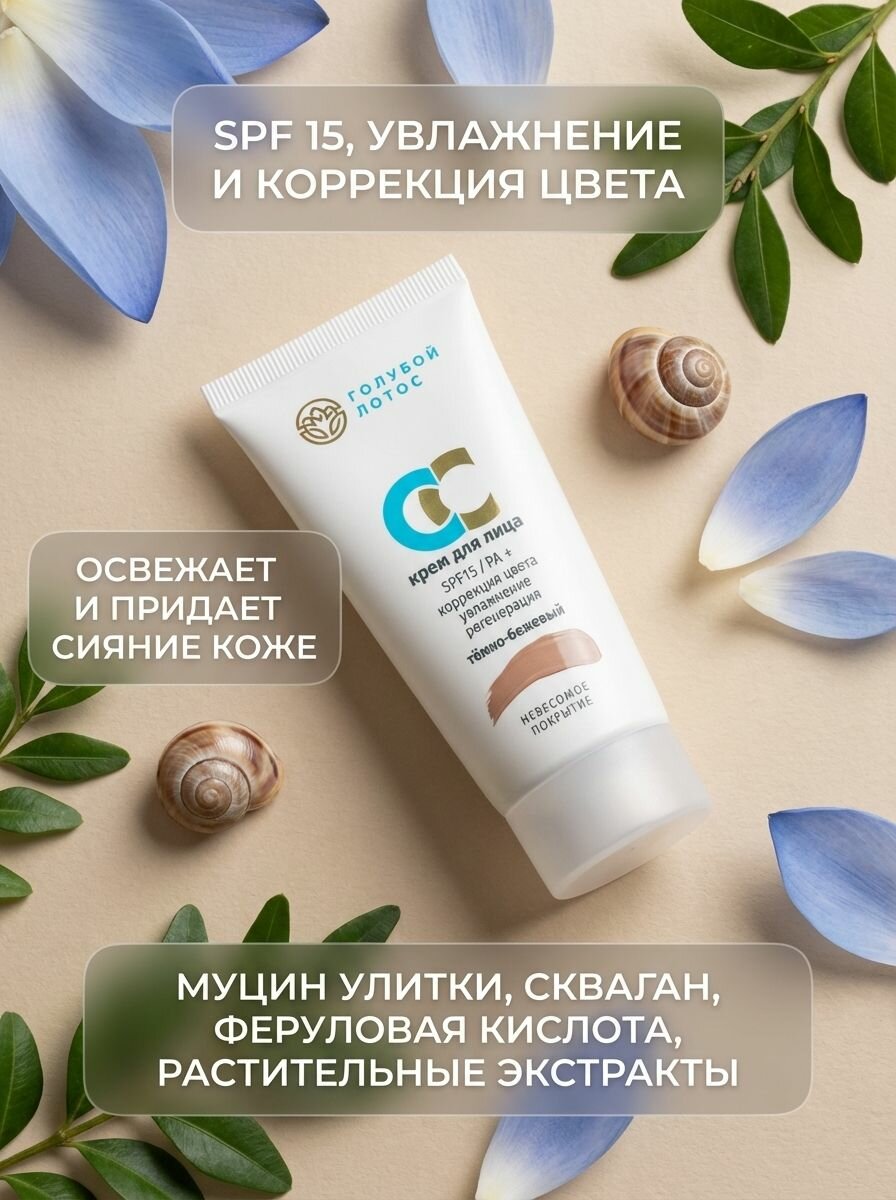 СС Крем для лица Голубой лотос темно-бежевый с муцином улитки и ферулой SPF 15 для естественного тона и ухода, 55 г