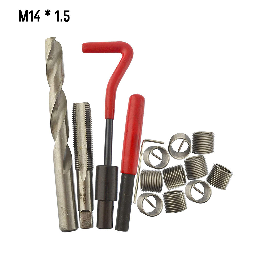 Набор для ремонта резьбы метрической 15шт M5 M6 M8 M10 M12 M14 Helicoil Car Pro Coil Tool M14*1.5 из стали цвет серебрный количество резьб 10 размер упаковки 18*12*3см вес упаковки 600г