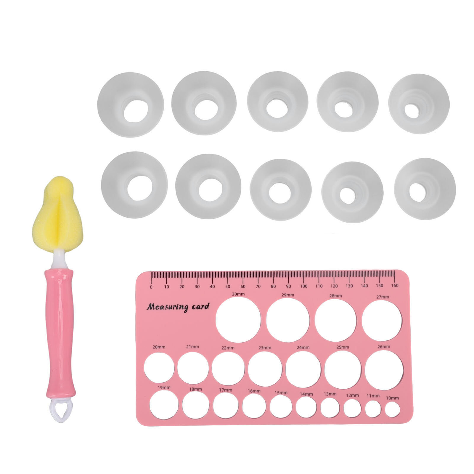 Комплект для подбора размера фланцев: силиконовые фланцы 13, 15, 17, 19, 21 мм, вставка для фланца 24 мм с щеткой для очистки.