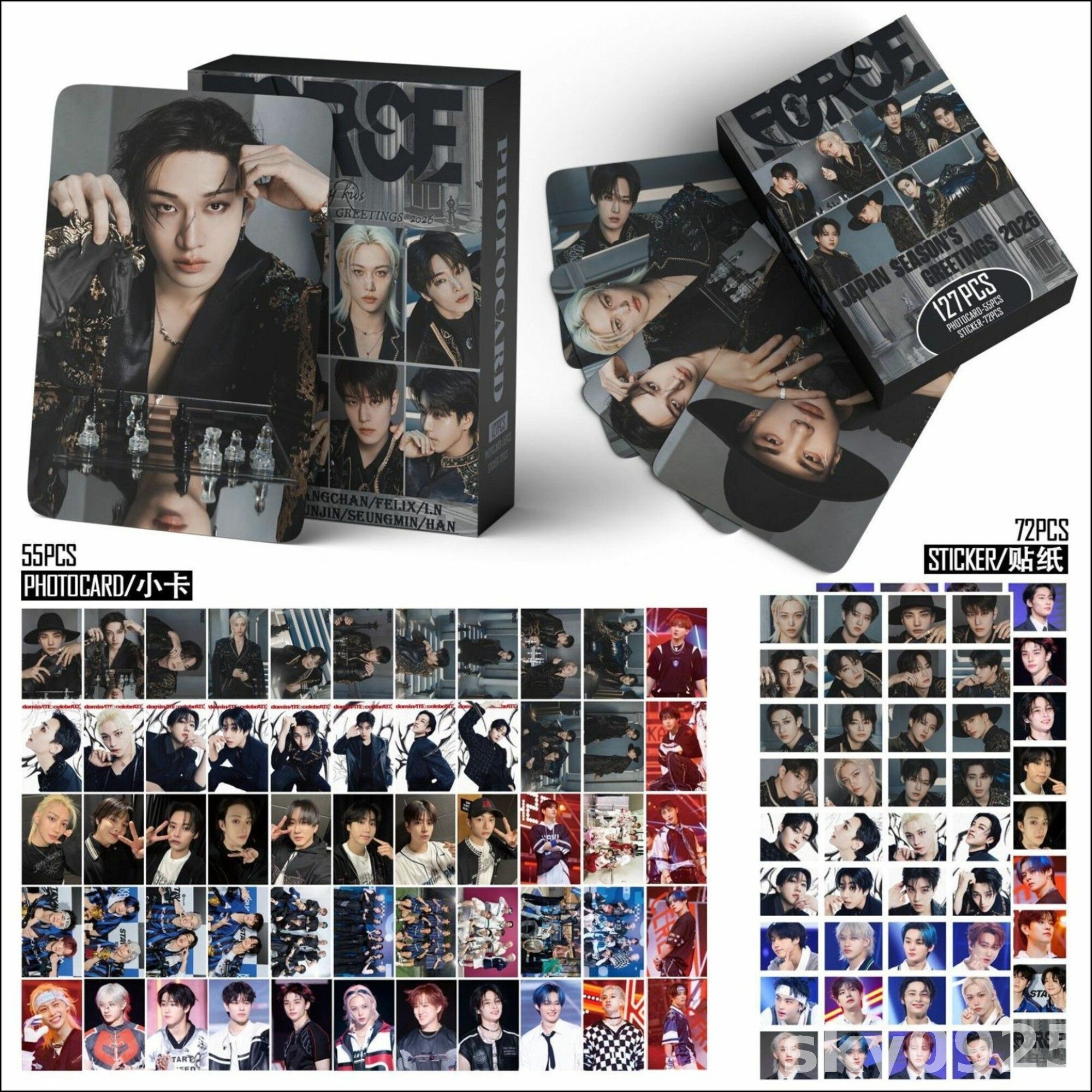 Набор карт и наклеек Stray Kids FORCE SEASON'S GREETINGS 2026, 127шт (55 фото-карт + 72 наклейки), мерч для фанатов