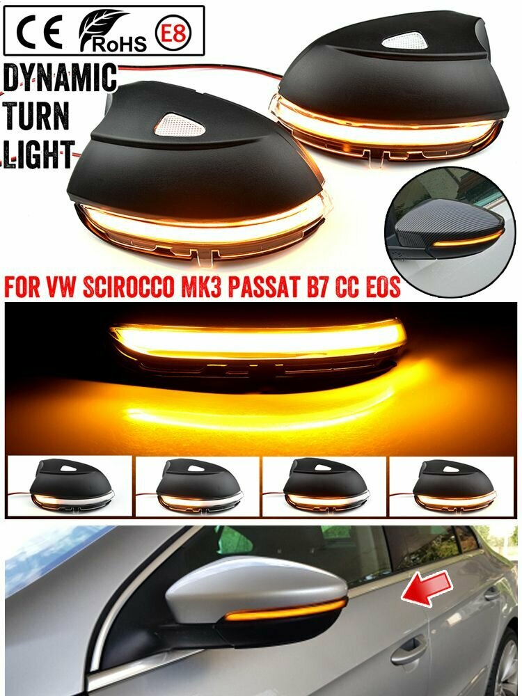 Фары автомобильные, Указатель поворота, 2 шт, арт. Динамические поворотники подходят для VW Scirocco 2009 и более поздние модели Passat B7 2011-2015; EOS 2011-2015; Passat CC 2011-2017 ; Beetle A5 2011-2015 Jetta MK6 Euro