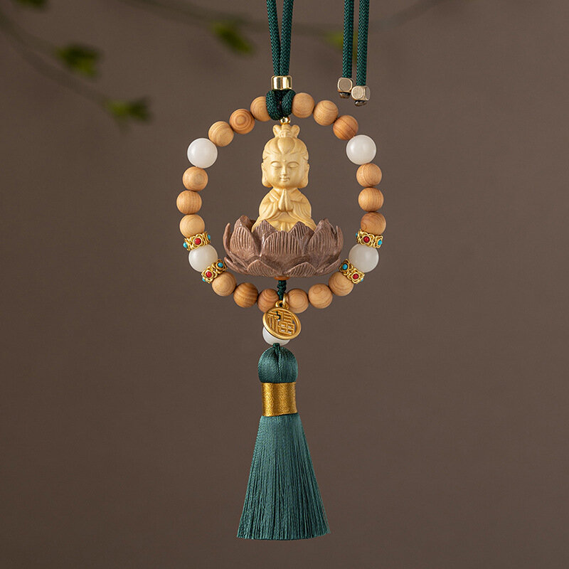 Высококачественное подвесное зеркало заднего вида из персикового дерева для автомобиля, подвесное украшение, подарок, подвесное украшение из самшита, маленький Будда, подвесное украшение для автомобиля