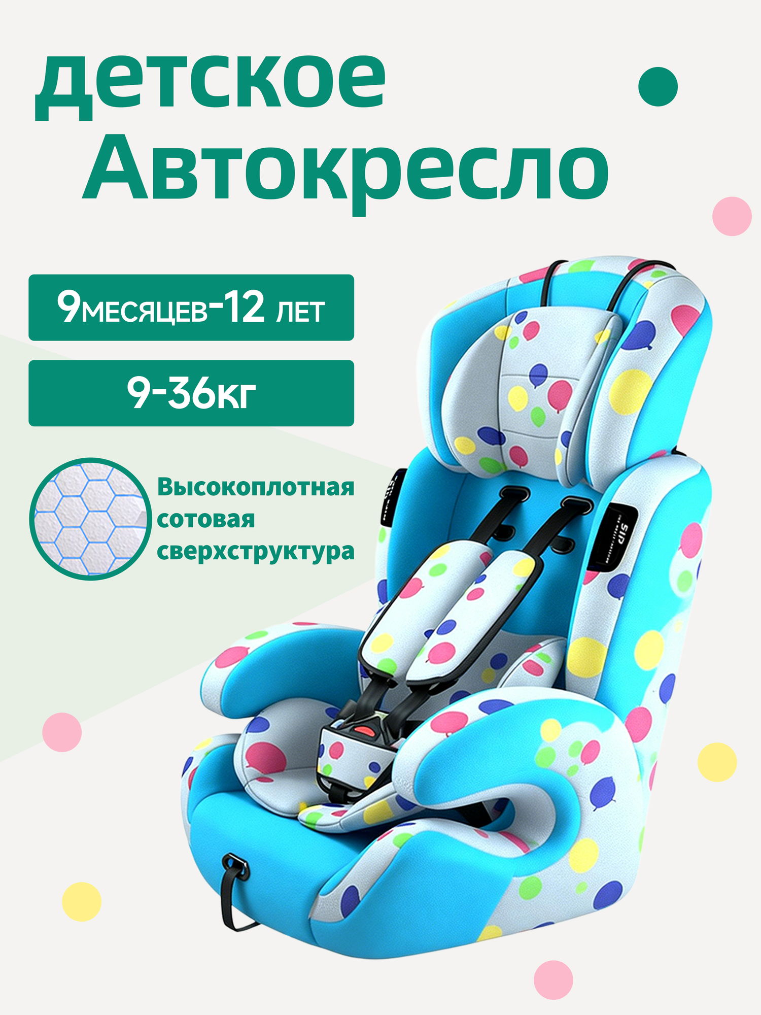 Детское автокресло 9-36 кг с пятиточечной пряжкой, дышащее ткань для детей от 9 месяцев до 12 лет.