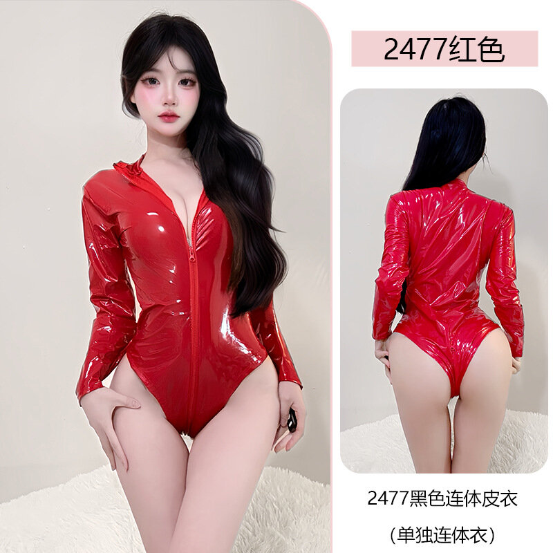Нижнее белье в европейском и американском стиле: боди с застежкой-молнией, открытой промежностью, высокой эластичностью, блестящей лакированной кожей, для танцев на пилоне и ночного клуба, модель 2477. Красное боди.