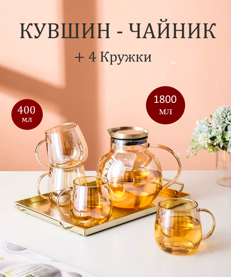 Кувшин для воды + 4 кружки, графин для холодных и горячих напитков