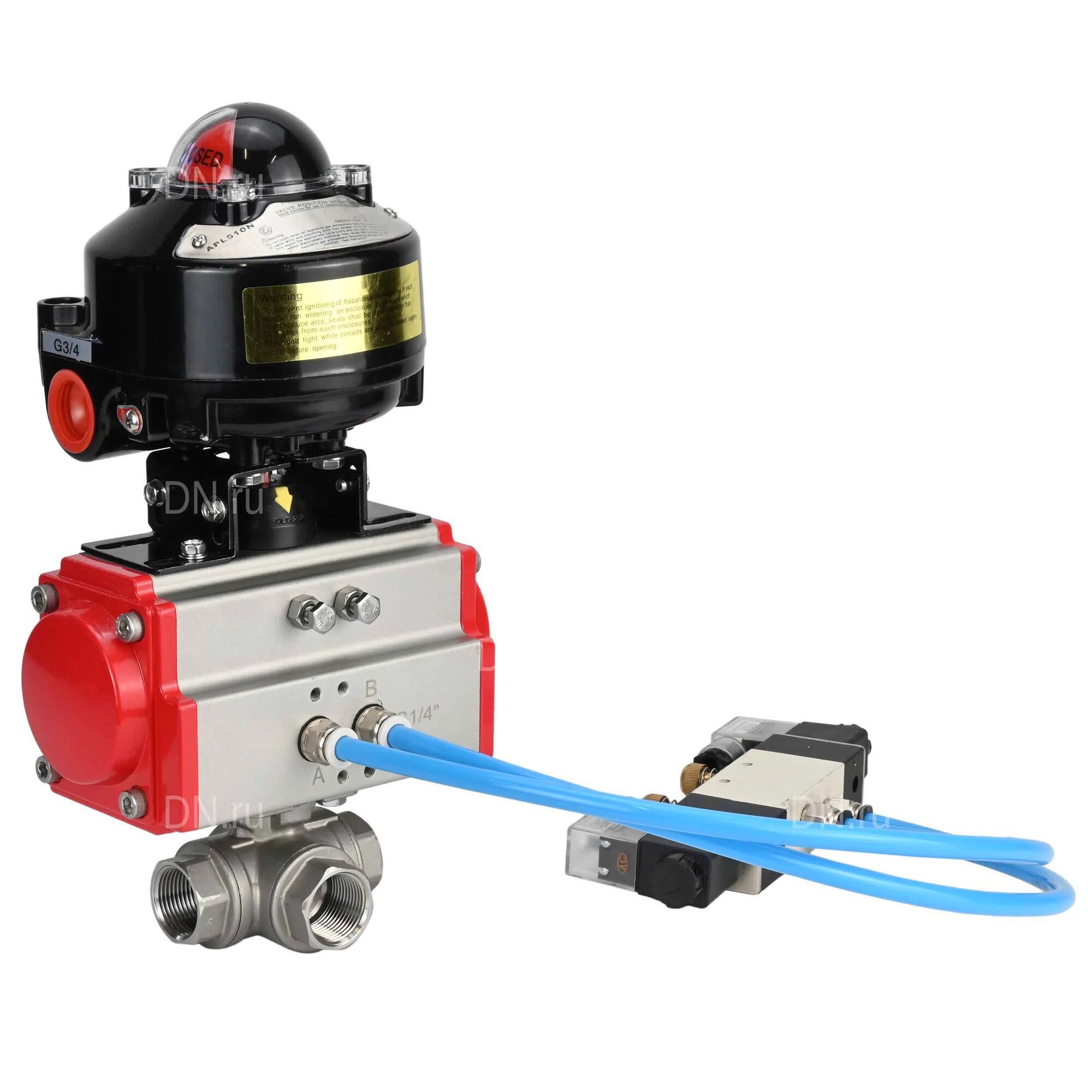 Кран шаровой DN.ru RP. SS316.200. MM 2" Ду50 Ру63 стандартнопроходной трехходовой L-тип, нержавеющая сталь SS316, внутренняя резьба, уплотнение - PTFE, с пн. приводом SA-083 пн. распределителем PND1-S2EM-52-2-T10-220VAC БКВ LSB-510-02ExM12-250