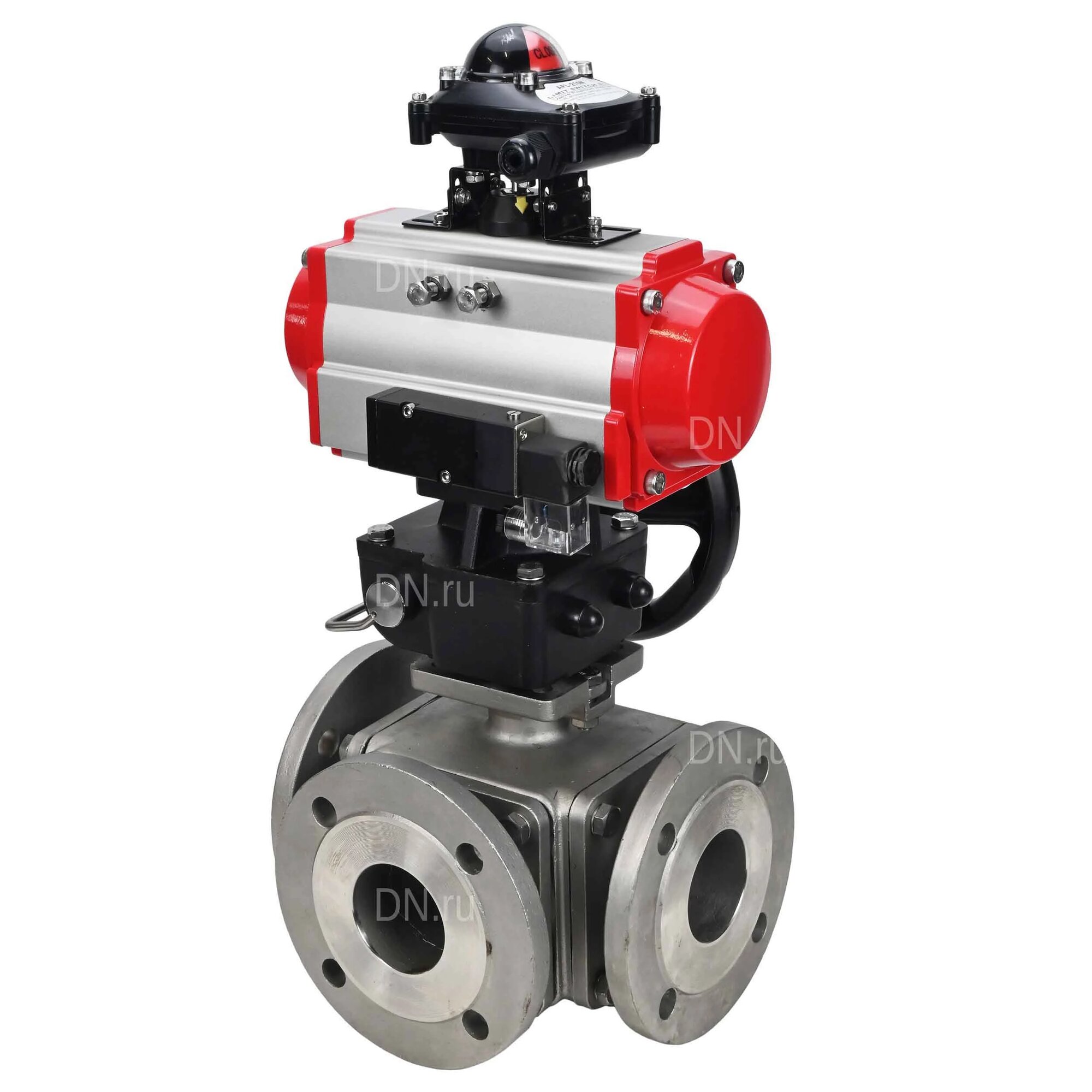 Кран шаровой DN.ru 316-316-PTFE Ду40 Ру16 полнопроходной, тип L, фланцевый, корпус нержавеющая сталь SS316, ISO-фланец F05/F07 квадрат 14х14, с пневмоприводом DA-065 двойного действия, пневмораспределителем 220VAC, БКВ LSB-210 и ручным дублером HDM-1