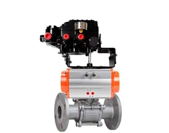 Кран шаровой DN.ru кшфпт 304.180 Ду40 Ру40 фланцевый, полнопроходной, трехсоставной, корпус - нержавеющая сталь 304, уплотнение - PTFE, с пневмоприводом SA-083 и поворотным позиционером EPRP1-NU-Fb-08 с обратной связью (опрессовано)
