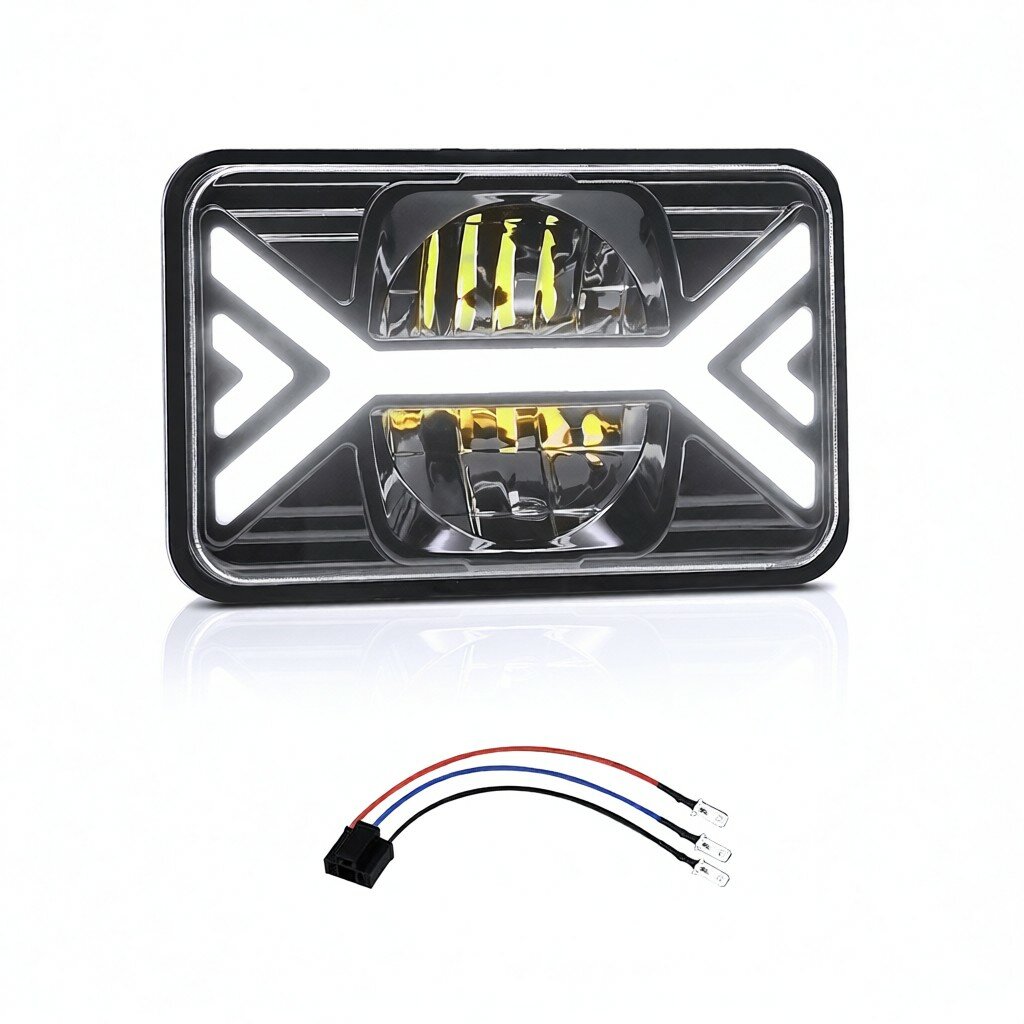 1Pcs 5inch Автомобильные LED Фары 4x6 inch Фары с Белым дальним/ближним светом ДНС Желтым поворотным сигналом, Материал: Дихлорированный алюминиевый корпус и стекло ПК, Цвет корпуса: Черный, Диаметр: 5inch, LED чип: 3570 CSP LED, Напряжение: 9-30V,