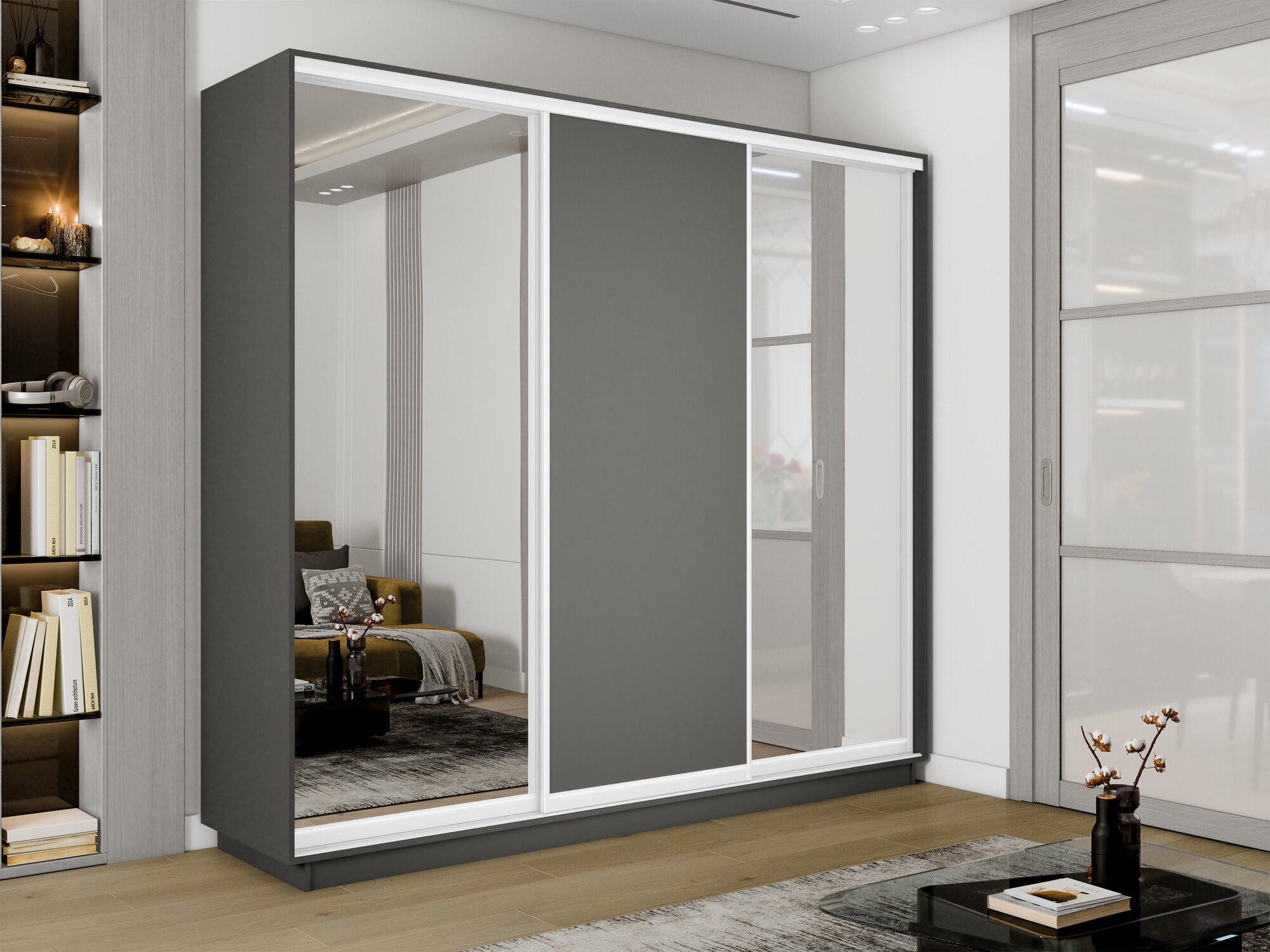 Шкаф купе Вилли 3-х дверный ЛДСП, (2-зеркала/ДСП) , профиль белый 180 см х 220 см х 45 см (Серый Диамант )