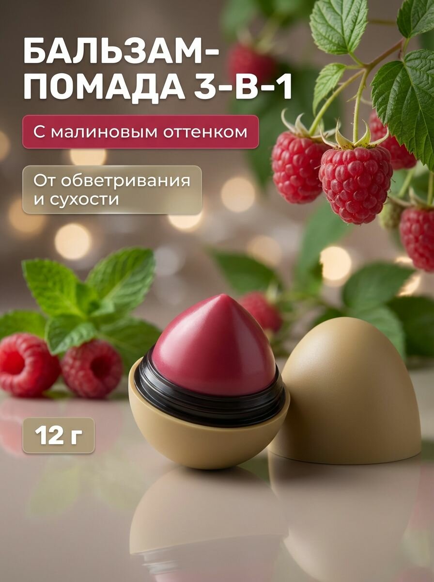 Бальзам для губ, помада, румяна Малина мята, Малиновый оттенок NUDE 3 в 1, увлажняющий с SPF7, 12 г