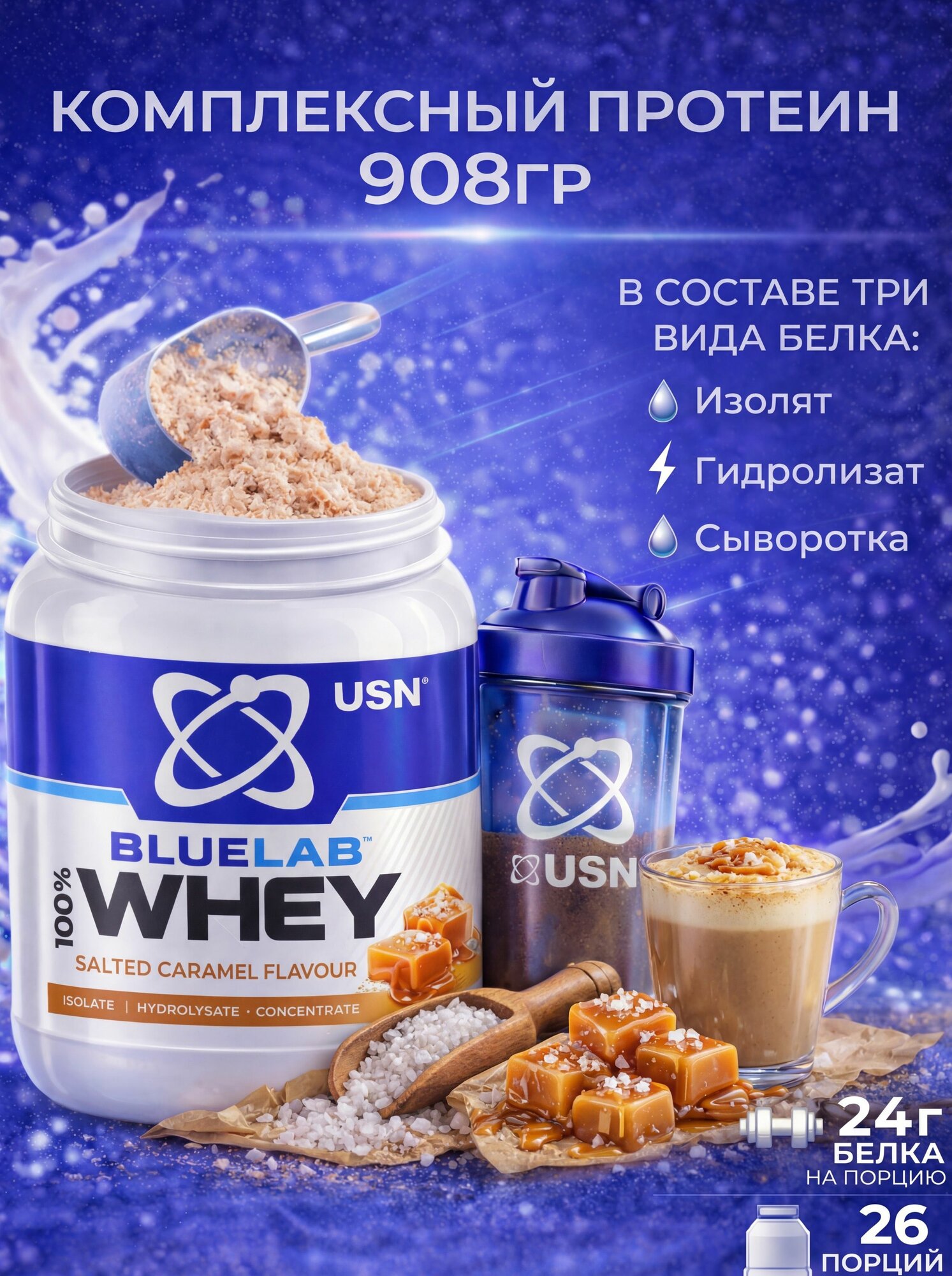 USN Протеин сывороточный, BlueLab Whey 908 грамм (Соленая карамель)