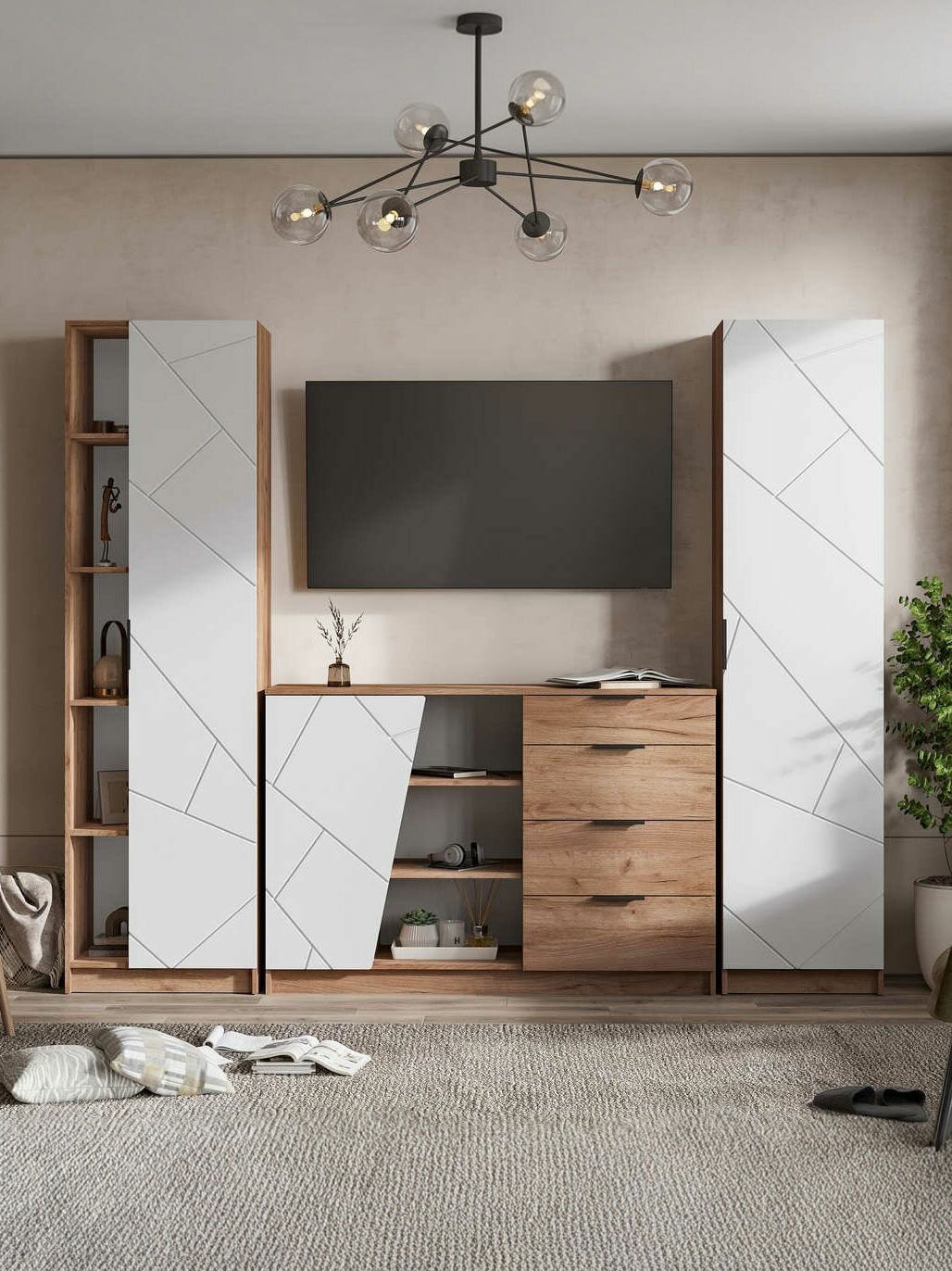 Гостиная комплект Орегон, комод, шкаф, 250х40х210 см, Дуб Крафт табачный, ЛДСП / Белый супермат, МДФ