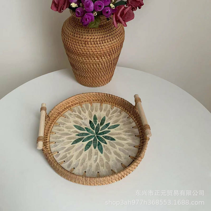 Вьетнамский поднос из ротанга с цветными ракушками, плетеная корзина для хранения закусок, поднос для десертов, фруктов, хлеба и чая