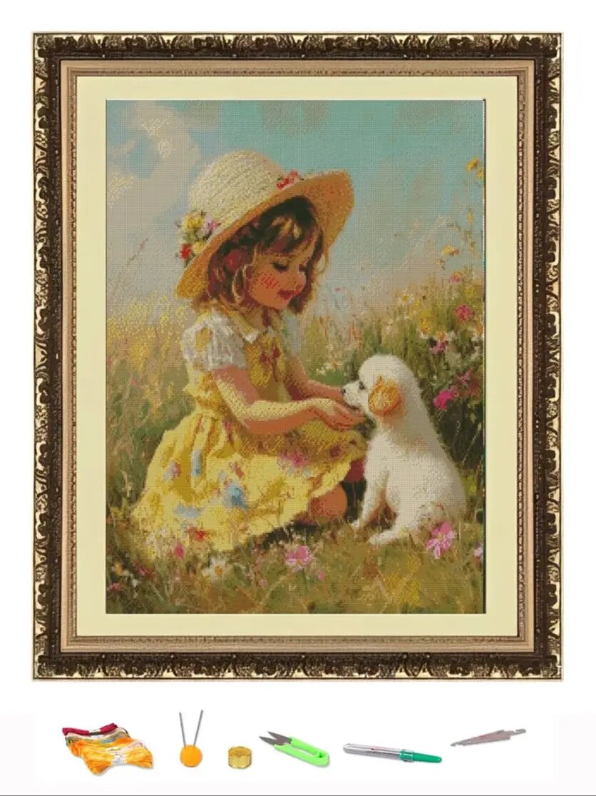 Набор для вышивки крестом "Девочка и щенок", 11CT 45x60cm, 11CT Cotton Threads