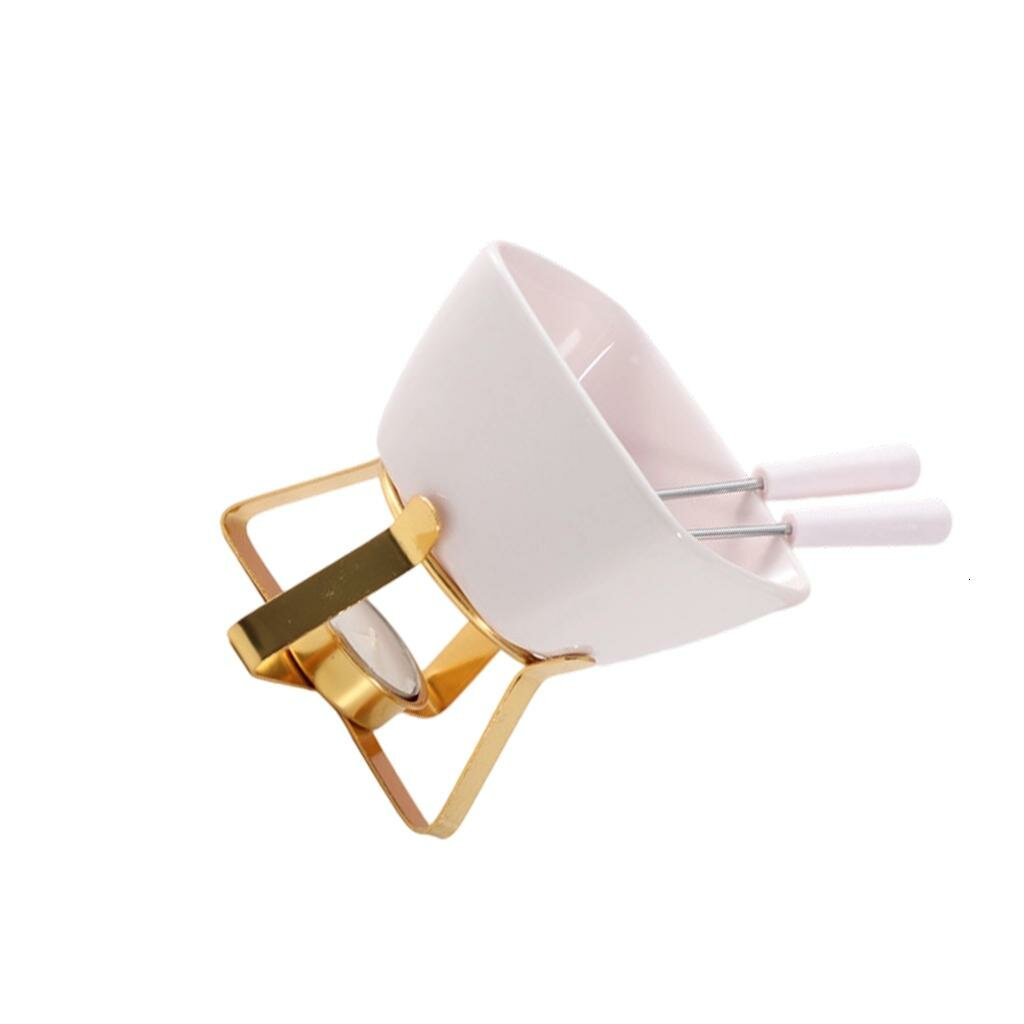 Керамическая фондюшница с чугунной подставкой и противоскользящим дном, Розовая чаша - Золотая полка