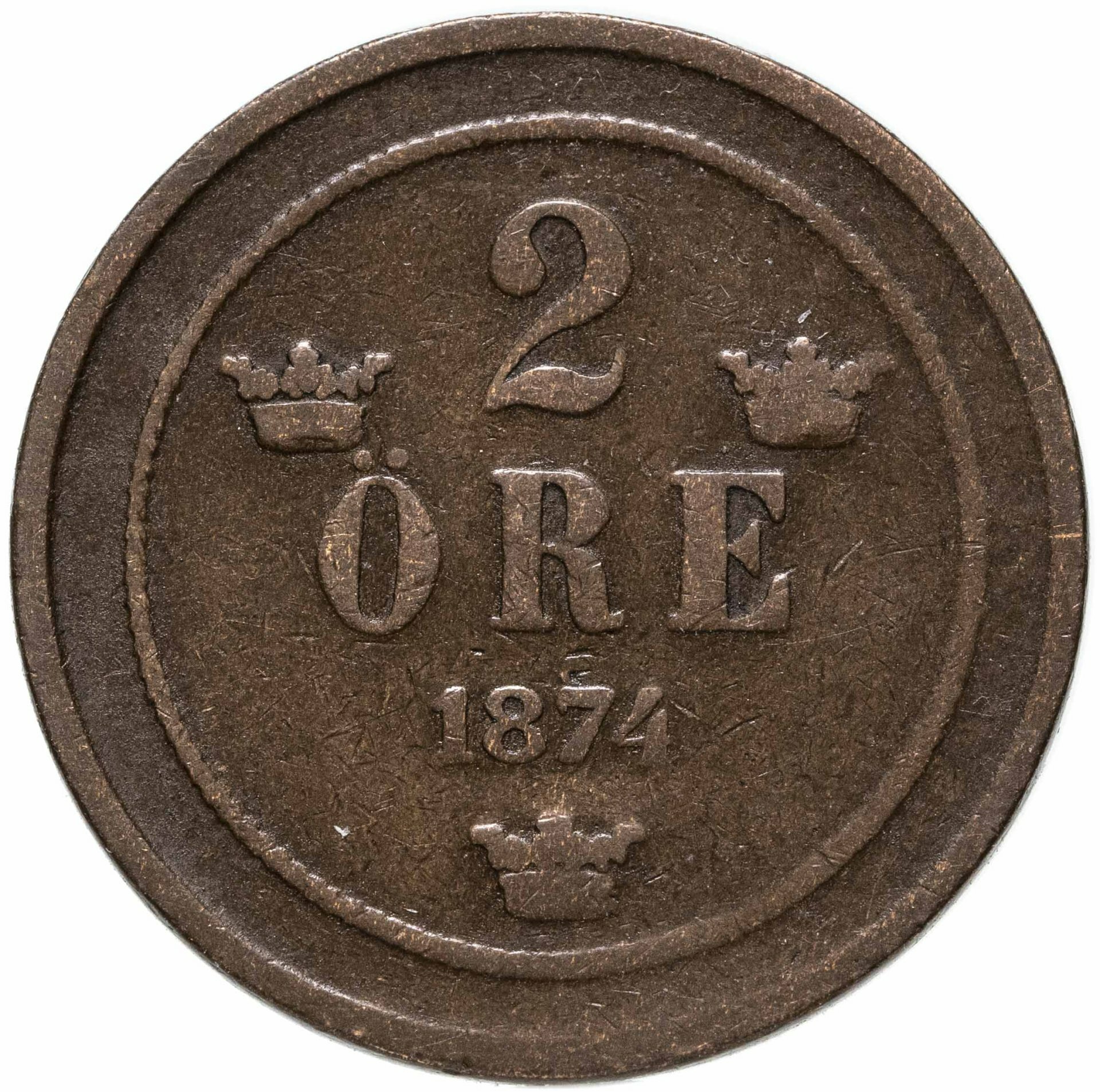 Швеция 2 эре ore 1874, Бронза, в сохранности F-VF