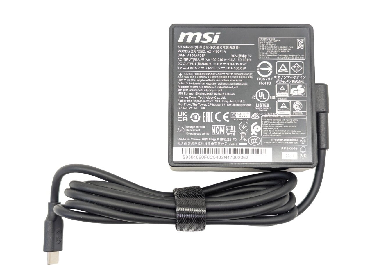 Блок питания A21-100P1A для ноутбуков MSI Titan GT77 HX 13V, Vector 17 HX A14V, Sword 16 HX B13V 20V 5A 100W Type-CБлок питания A21-100P1A для ноутбуков MSI Titan GT77 HX 13V, Vector 17 HX A14V, Sword 16 HX B13V 20V 5A 100W Type-C