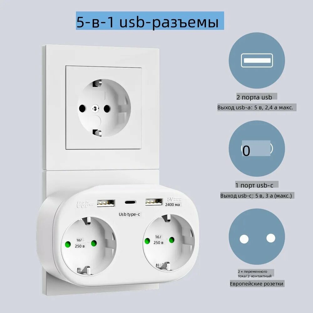 HITRENDS Удлинитель с быстрой зарядкой: 2 евроразъема + 3 USB (2A+1C) - белый