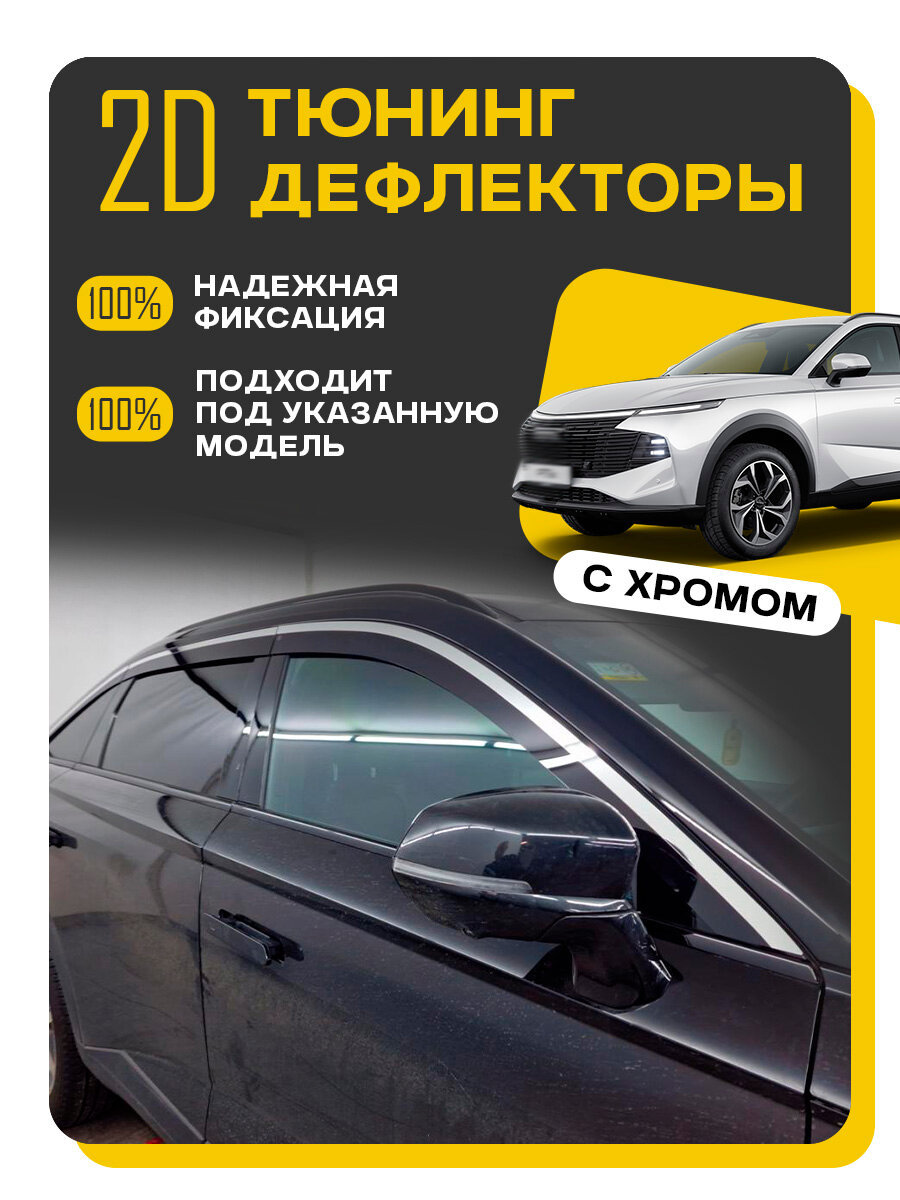 Плоские тюнинг дефлекторы с хромом для окон Haval F7x (2024-2026) 2 поколение. Ветровики на Хавал ф7x. Комплект 6 шт.