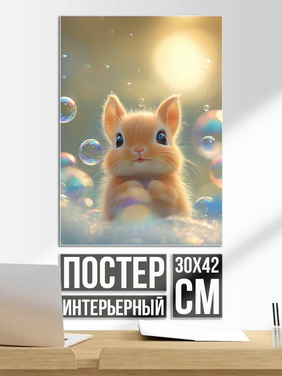 Постер на стену Маленькая белочка в мыльных пузырях