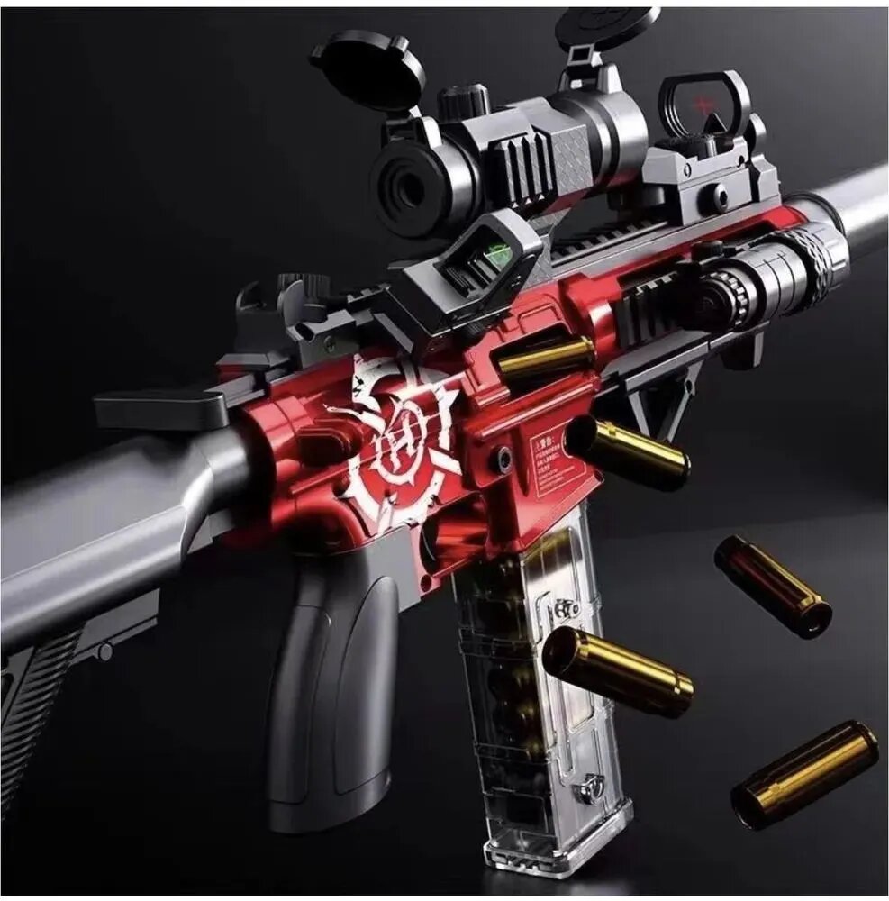 Автомат пневматический детский ( гильзы ) , М416 ( красный ) с оптическим прицелом / Оружие М4 из игры PUBG / Винтовка с автоматической перезарядкой, стрельбой и выбросом гильз