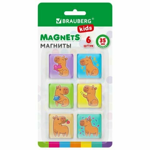 6 шт. Магниты квадратные стеклянные 35 мм для досок магнитно-маркерных, набор 6 шт, "Капибара", BRAUBERG KIDS, блистер, 272513
