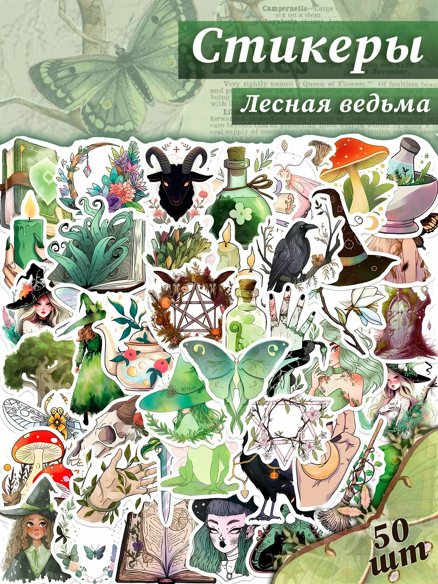 Стикеры на телефон / Наклейки эстетичные для скрапбукинга и ежедневника 50 штук / Магия. Лесная Ведьма наклейки эстетичные стикеры для ежедневника для скрапбукинга лесная ведьма