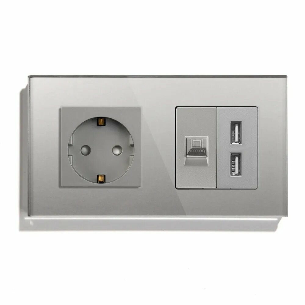 Розетка с комп RJ-45 /2USB, интернет розетка CAT5+USB, рамка стекло Серая
