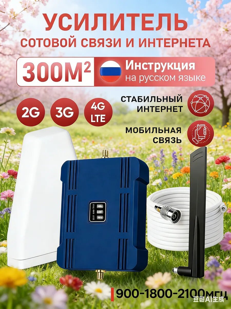 Усилитель сотовой связи 900/1800/2100 МГц (2G/3G/4G): до 70 км, направленный, синий, 1.3 кг
