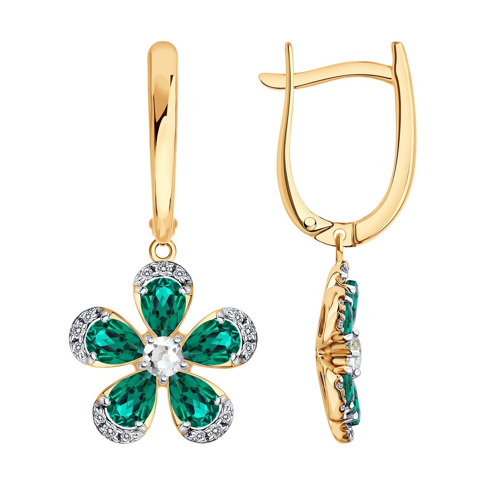 Серьги, красное золото, 585 проба, изумруд синтетический, горный хрусталь, фианит