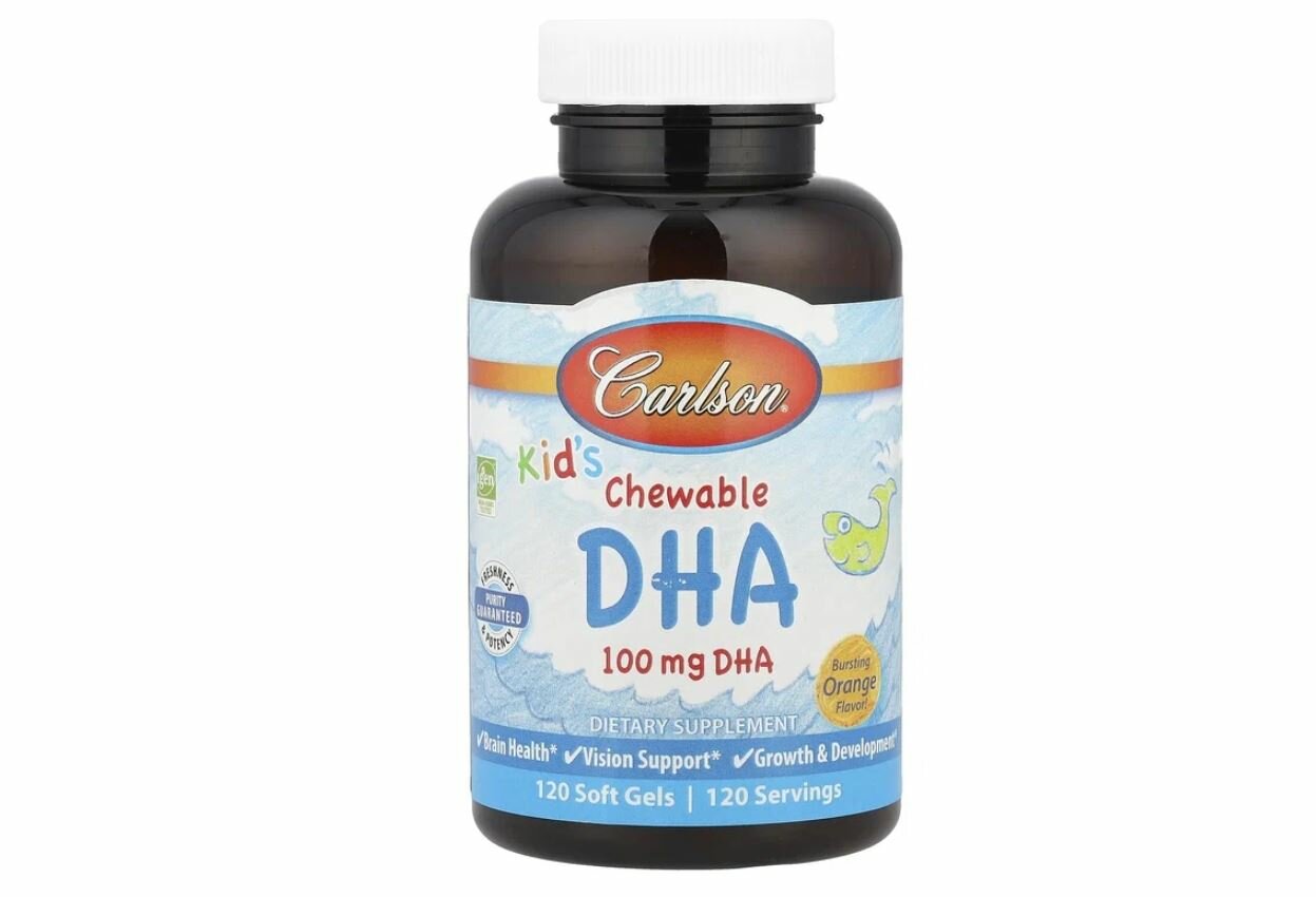 Carlson Labs Kids Chewable DHA Жевательная ДГК для детей, взрыв апельсинового вкуса, 120 мягких капсул