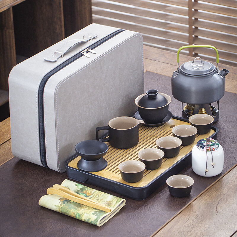 Набор для чая для путешествий на открытом воздухе, полный черный керамический автомобильный кунг-фу чайник, оборудование для кемпинга, портативная сумка, оптовая продажа