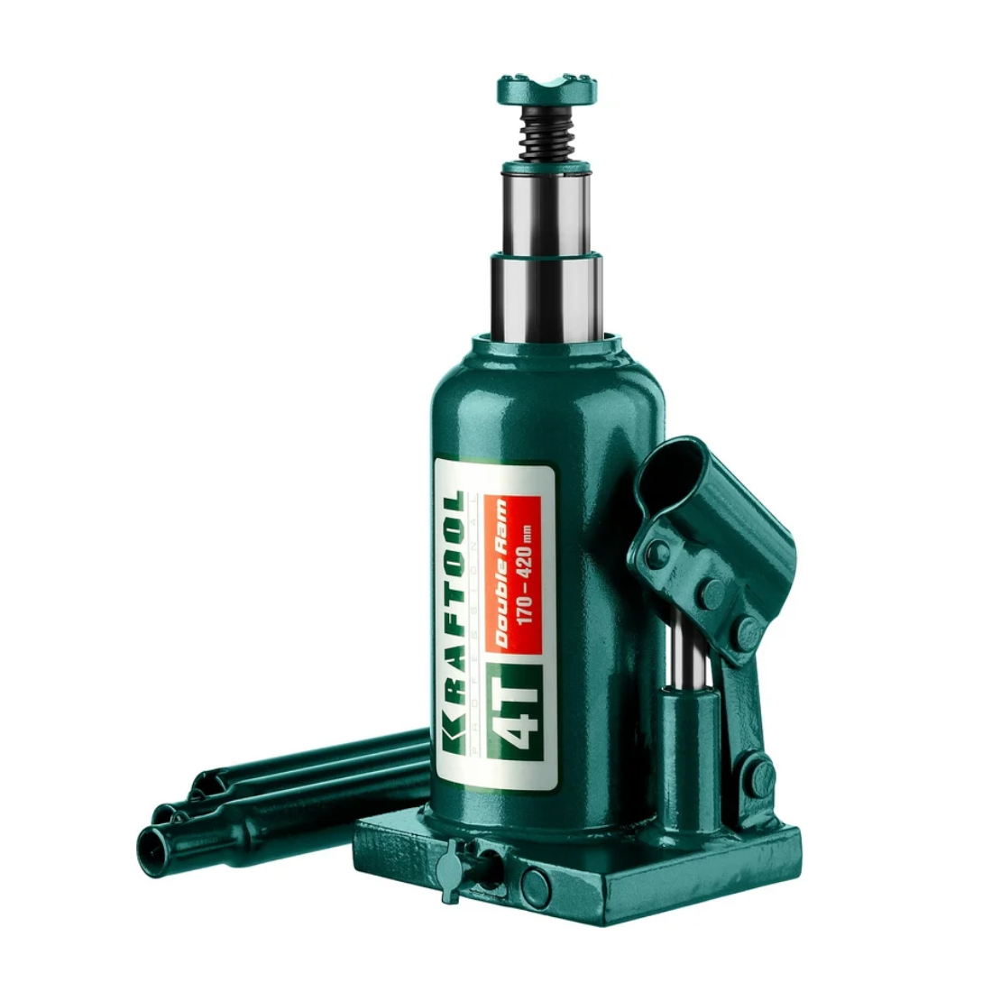 Гидравлический бутылочный домкрат Kraftool 43463-4, 4т, 170-420 мм, предохранительный клапан, зеленый