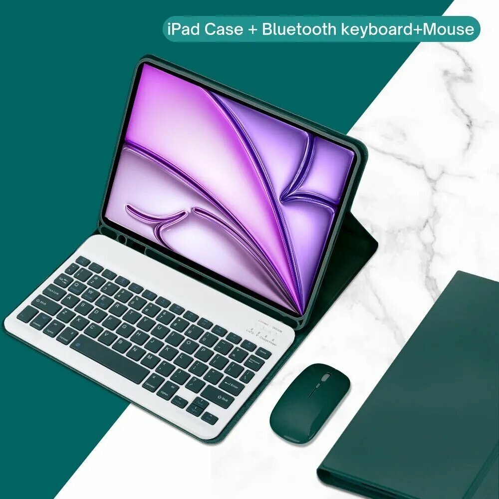 Чехол для iPad Air 6-го поколения, 11 дюймов (M2), 2024 г. A2902/A2903/A2904 со съемной русской Bluetooth-клавиатурой и мышью.