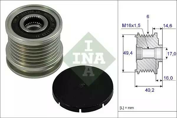 Шкив генератора INA 535000110 Seat, Vw Golf III, Iv, Passat, Polo, Sharan, Vento 1.6-2.0, 1.9tdi 88 ->