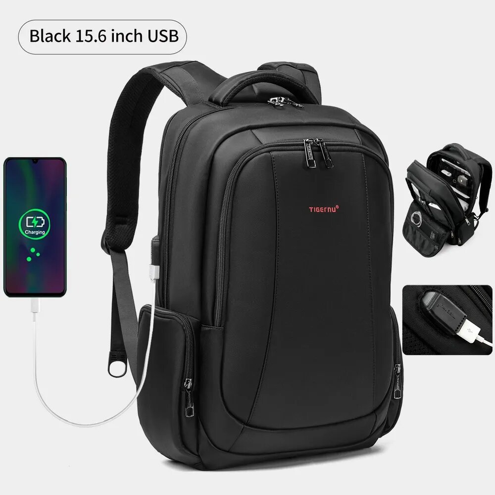 Рюкзак Tigernu T-B3143USB для ноутбука 15.6 дюймов, черный, с USB портом и объемом 24 л — фото 1