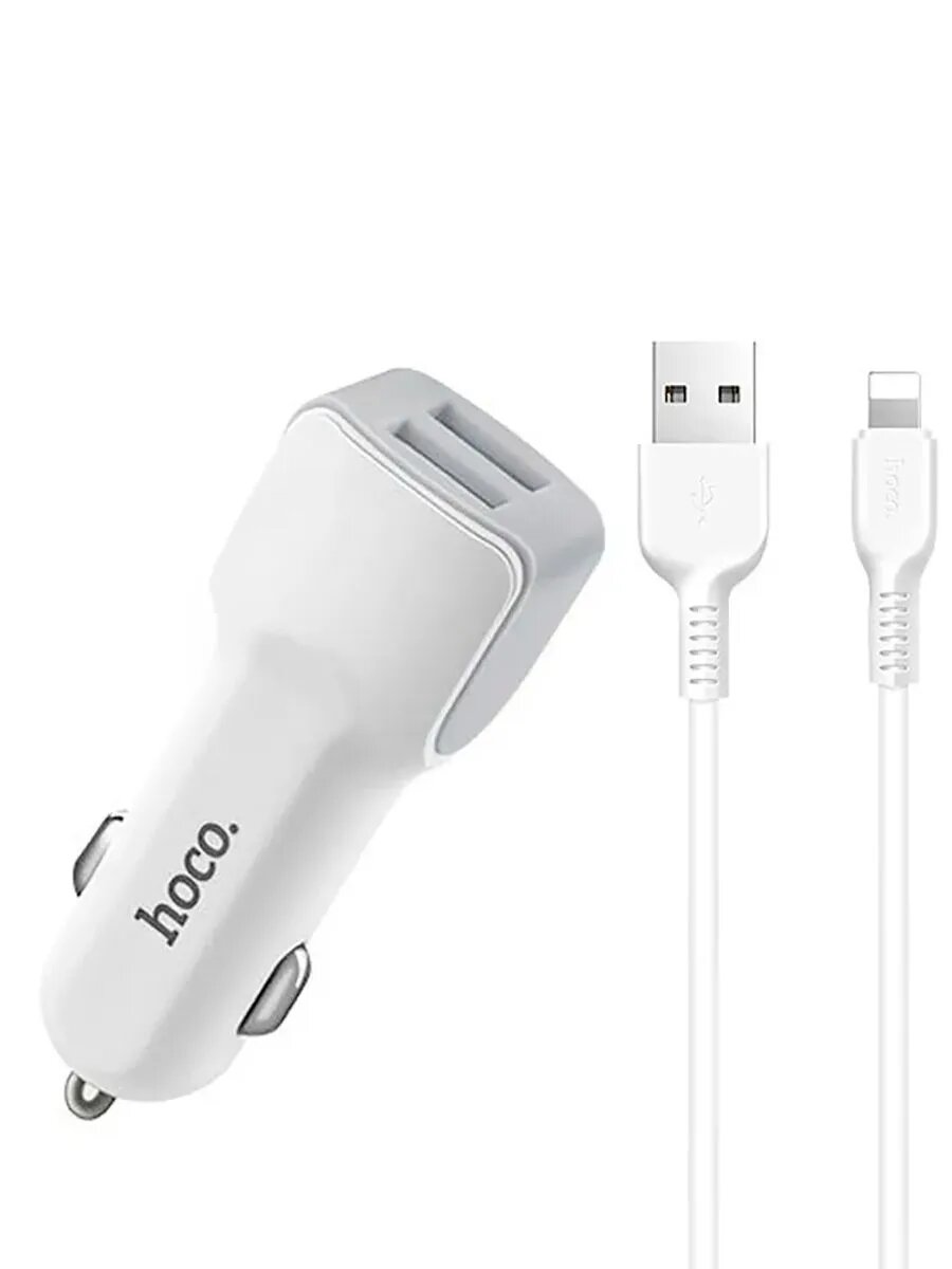 Автомобильное зарядное устройство Hoco Z23, 2.4А, 2USB + кабель Lightning 1м, цвет белый / зарядка в прикуриватель