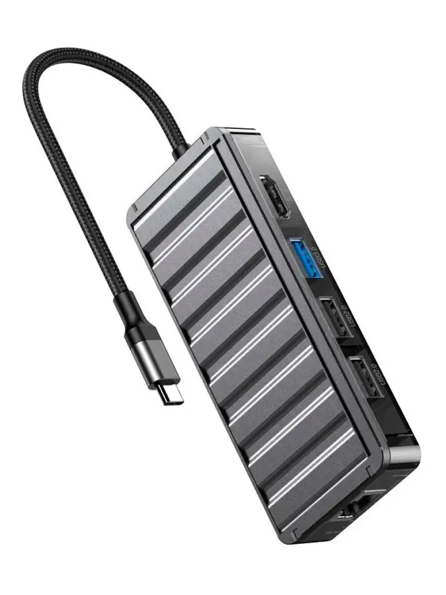 Адаптер-хаб XO HUB016 7в1 (USB3.0*1+USB2.0*2+HDMI+PD+RJ45), серый