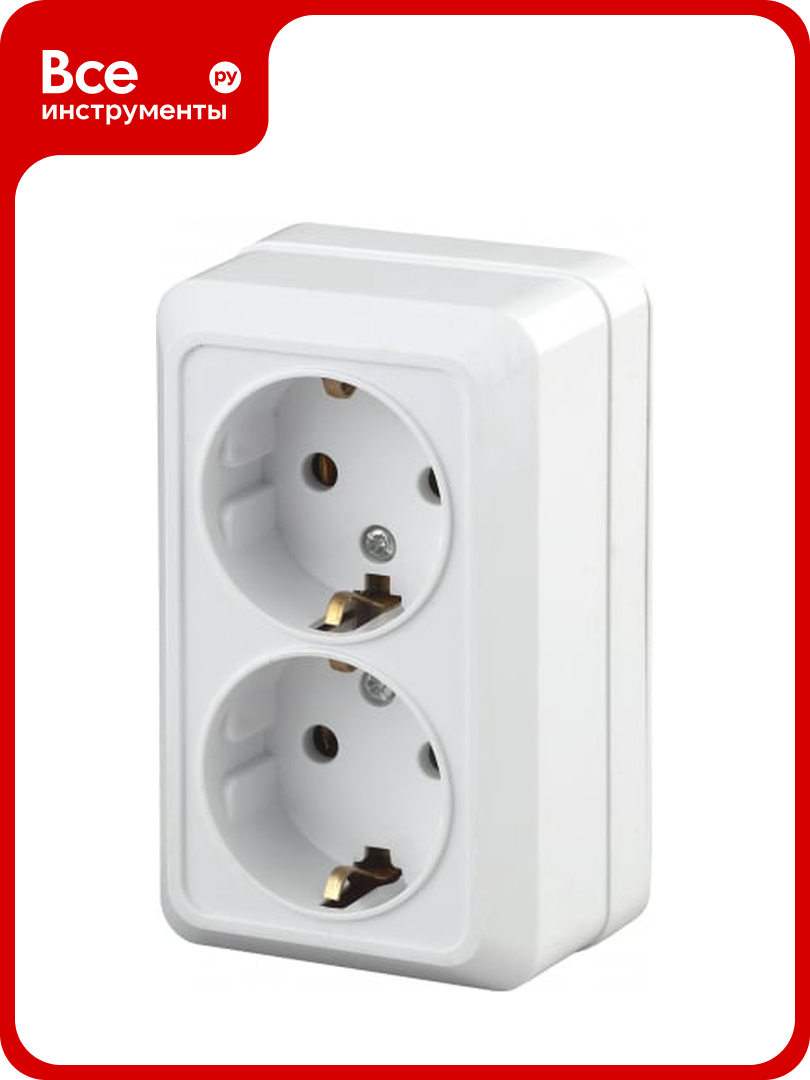 Розетка Intro Quadro с заземлением двойная 2x2P+E Schuko, 16А-250В, IP20, открытая установка, белый, Б0053800