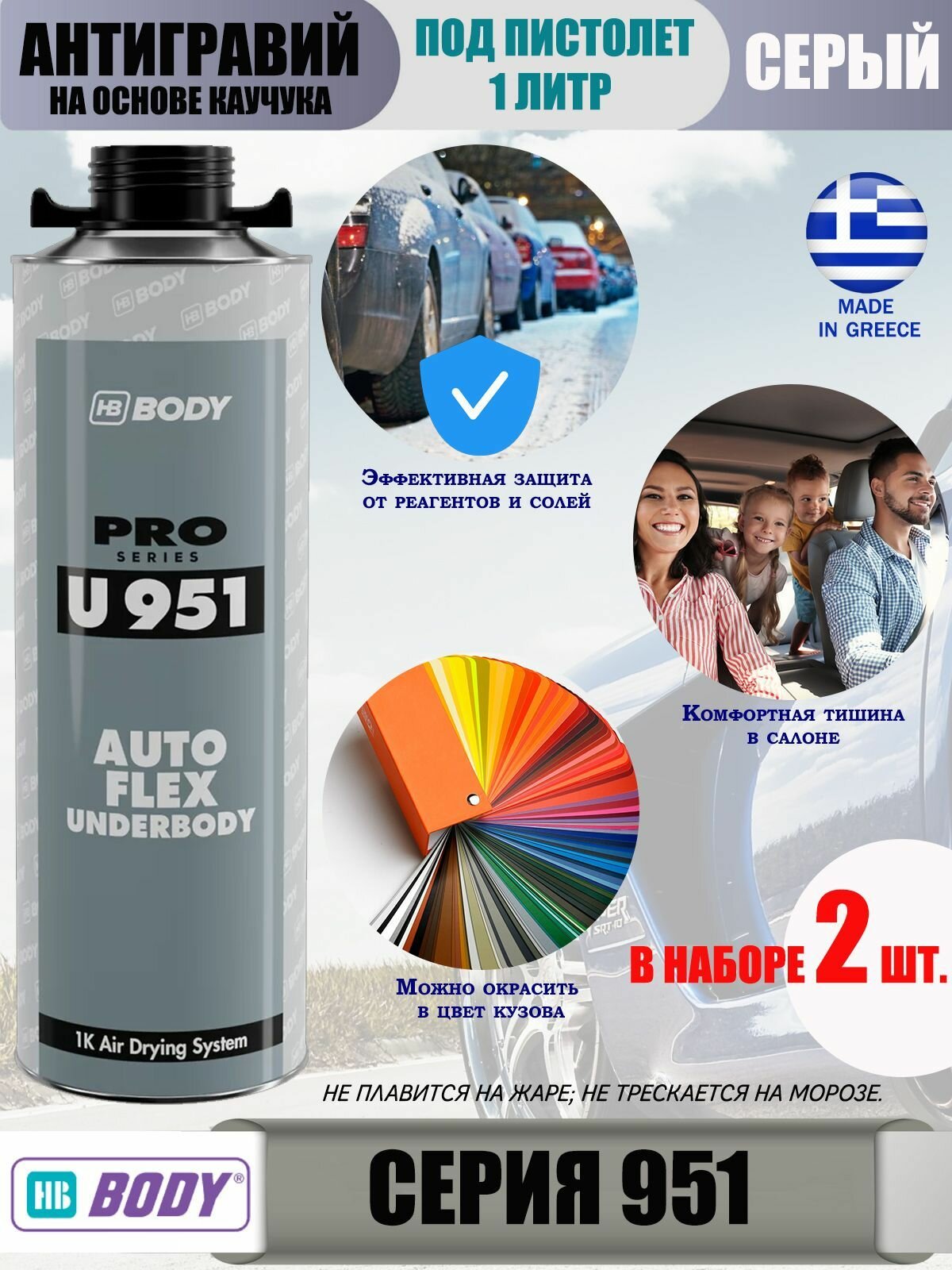 Антигравий HB Body "951 Autoflex", шумопоглощающий, эластичный, серый, евробаллон, под пистолет, 1 л, 2 шт.