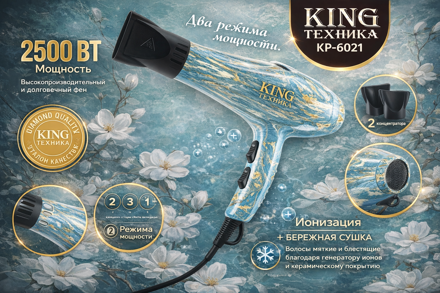 Фен для волос KING Техника KP-6021 2500 Вт с ионизацией и насадками